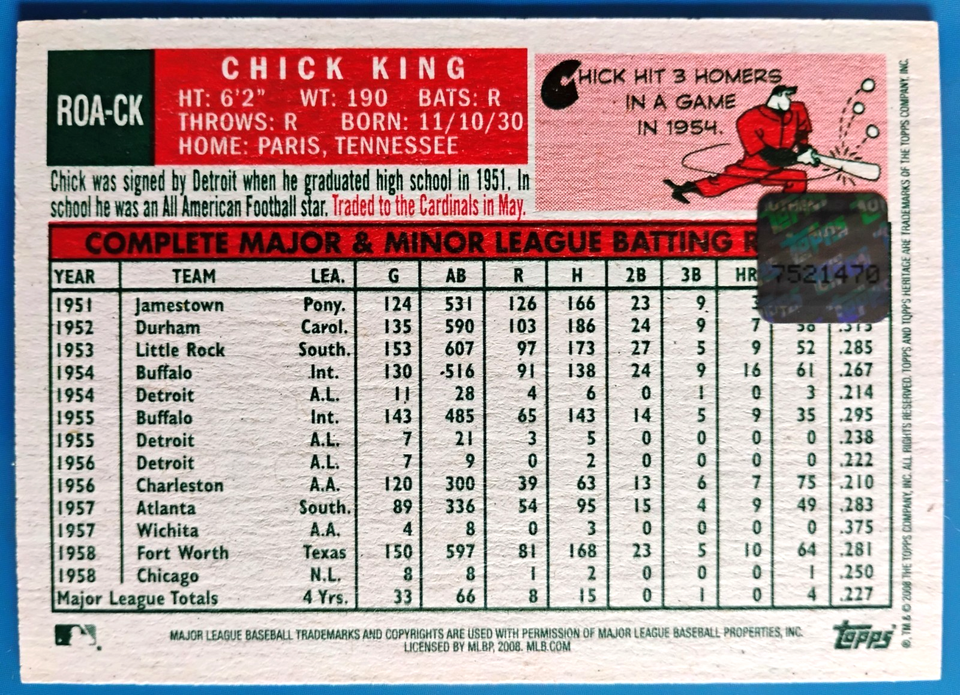 2008 Topps Heritage, auto autograph Real One # ROA-CK CHICK KING ...