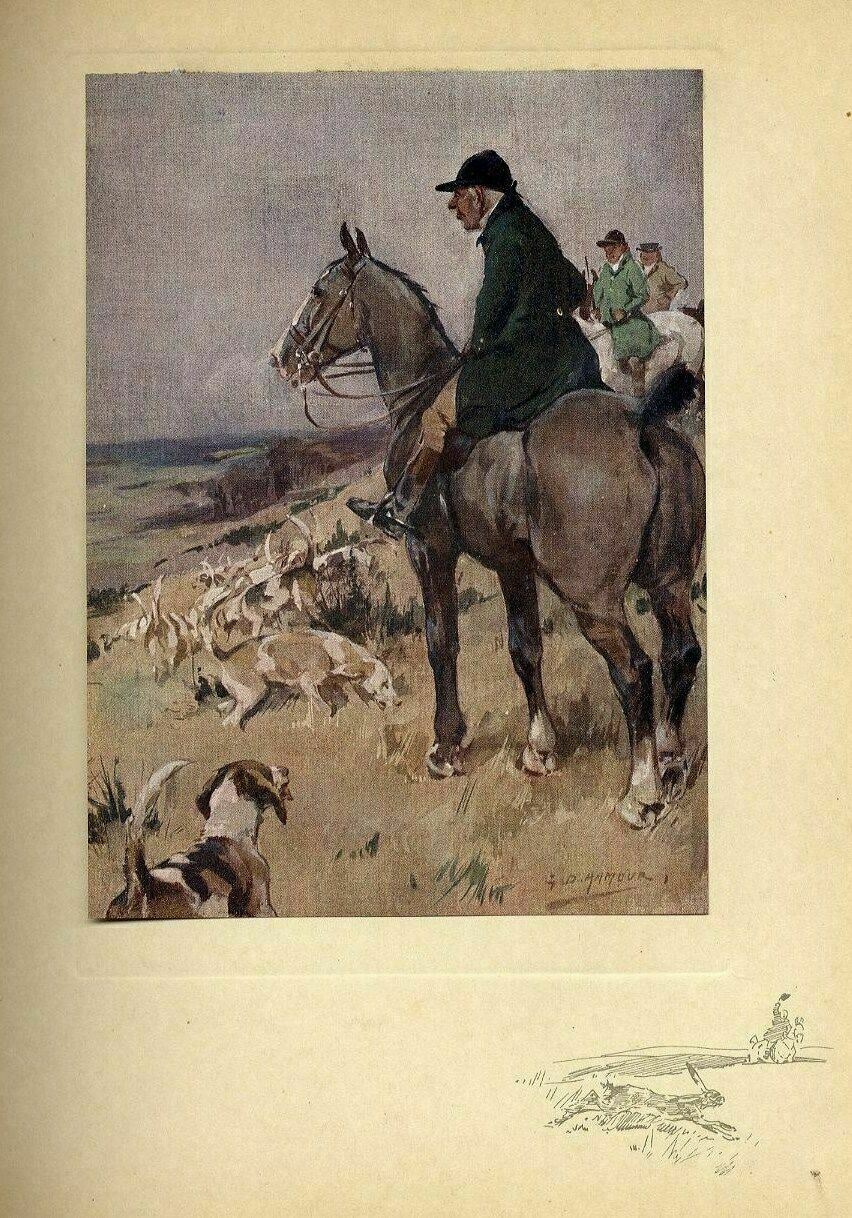 HARE HUNTING, AN OLD-FASHIONED HUNTSMAN, PACK OF HOUNDS AND HORSES ...
