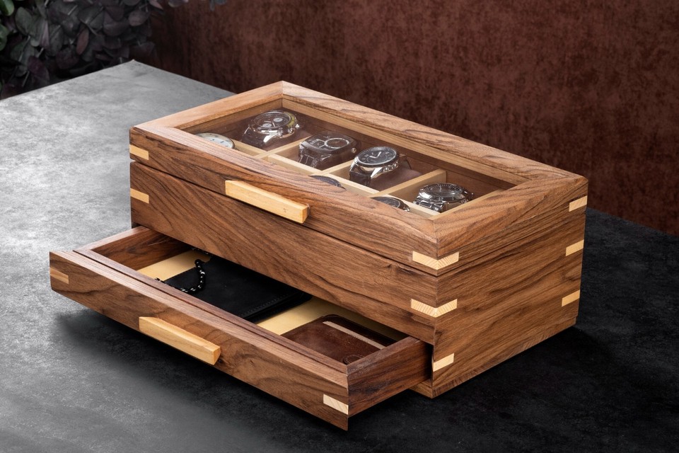 Walnut watch box with drawer, glass lid, engraved watch case, 8-10-12 ...