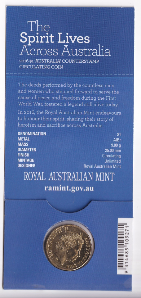 AUSTRALIAN: 2016 $1 THE SPIRIT LIVES AUSTRALIAN MAP COUNTERSTAMP UNC ...