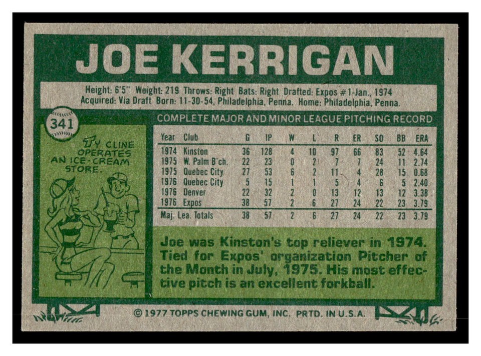 1977 Topps Baseball #341 Joe Kerrigan Rookie 77TBB | eBay