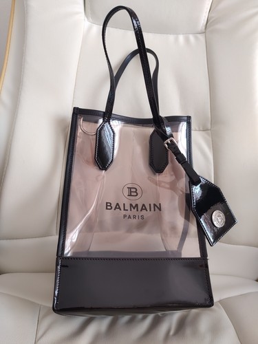 BALMAIN Transparent Print Logo Small Tote PVC Clear Black Leather ...
