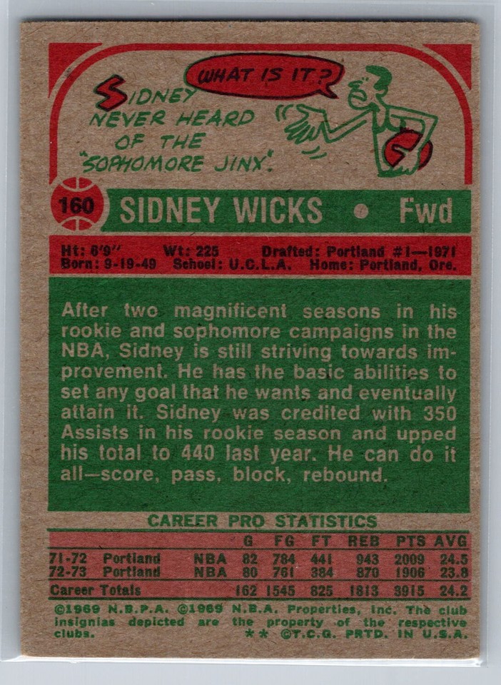 1973 Topps #160 Sidney Wicks Portland Trail Blazers Card | eBay