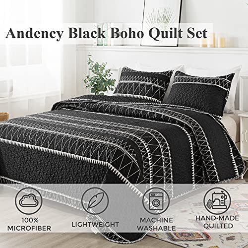Black Quilt Set Queen (90x96 Queen (90*96 in) 04 - Black & Printed ...