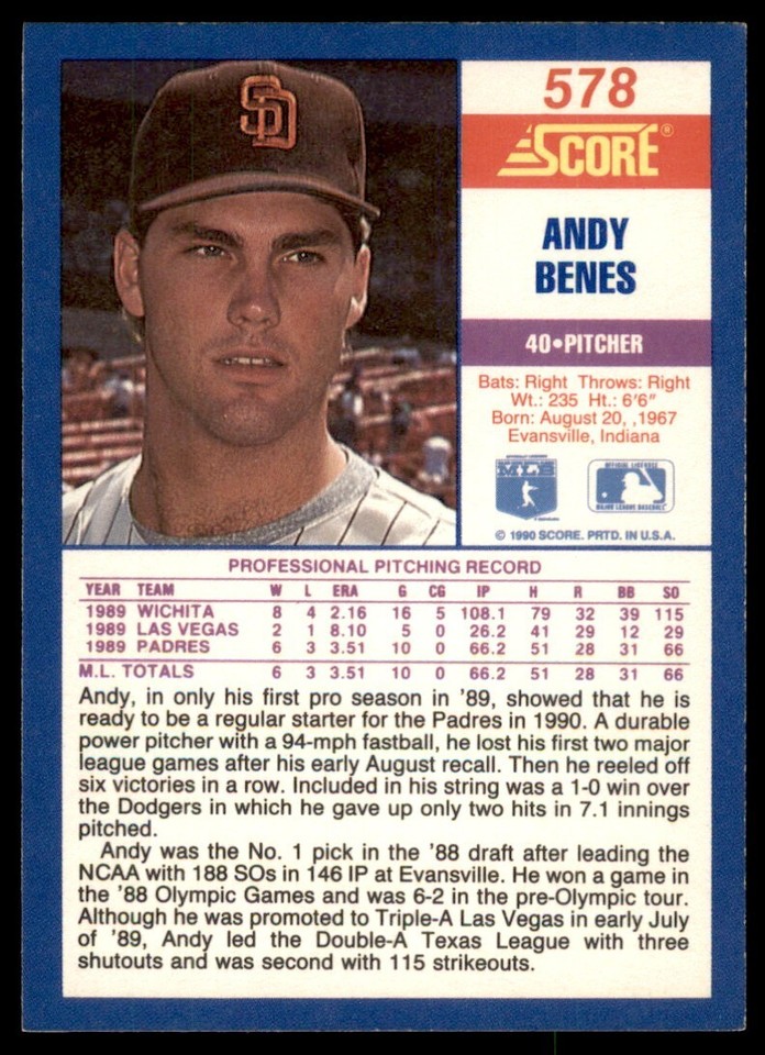 1990 Score #578 Andy Benes | eBay
