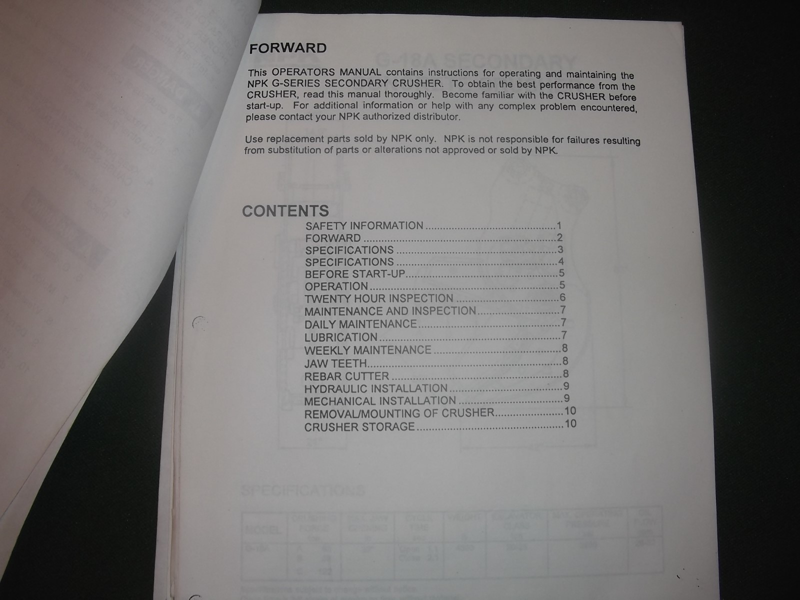 NPK G-18A G-26 CONCRETE CRUSHER OPERATOR OPERATION & MAINTENANCE MANUAL ...