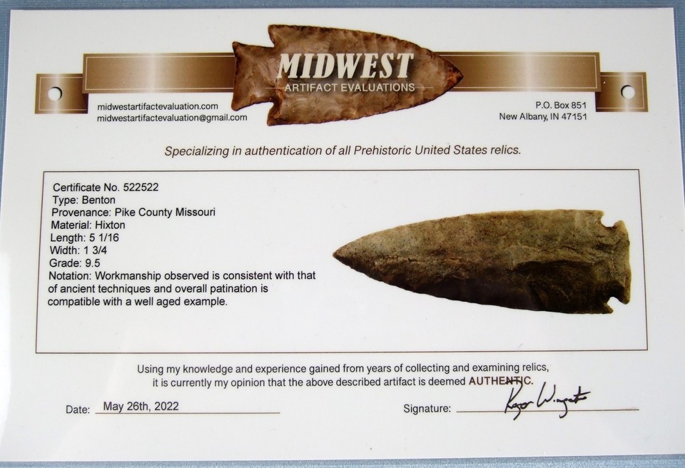 Exceptionally Fine 5 1/16 inch Missouri Hixton Flint Benton Point COA ...