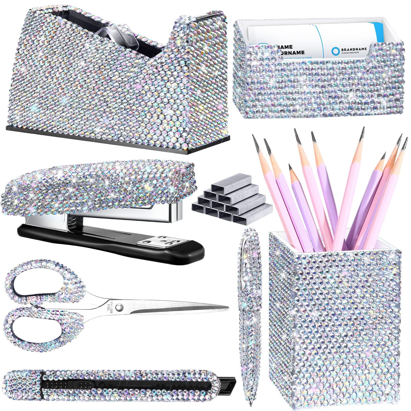 7 Pieces Bling Desk Accessories Set Glitter Crystal Office Stationery ...