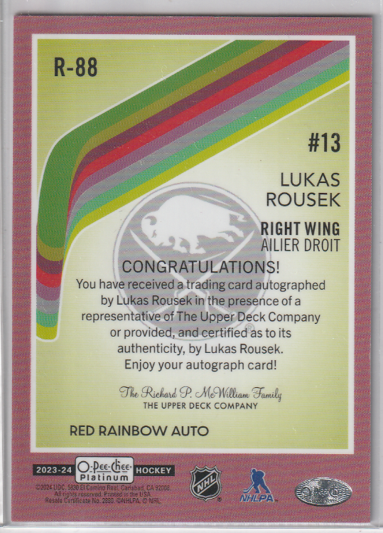 Lukas Rousek 2023-24 O-Pee-Chee Platinum Red Rainbow Auto | eBay