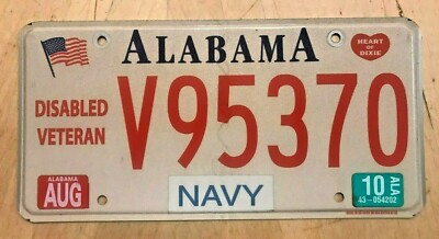 ALABAMA DISABLED NAVAL MILITARY VETERAN LICENSE PLATE " V 95370 " AL US ...