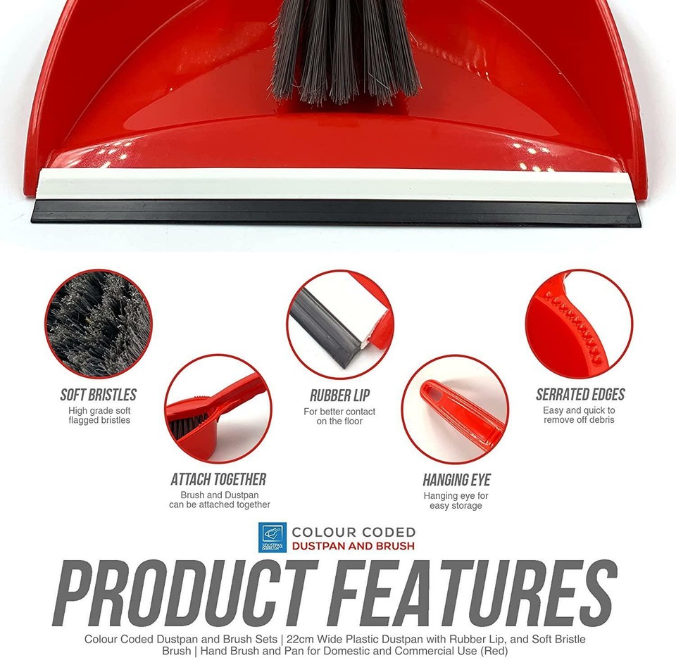 Red Dustpan and Brush Set Colour Coded Dust Pan Broom Sweeper Indoor ...