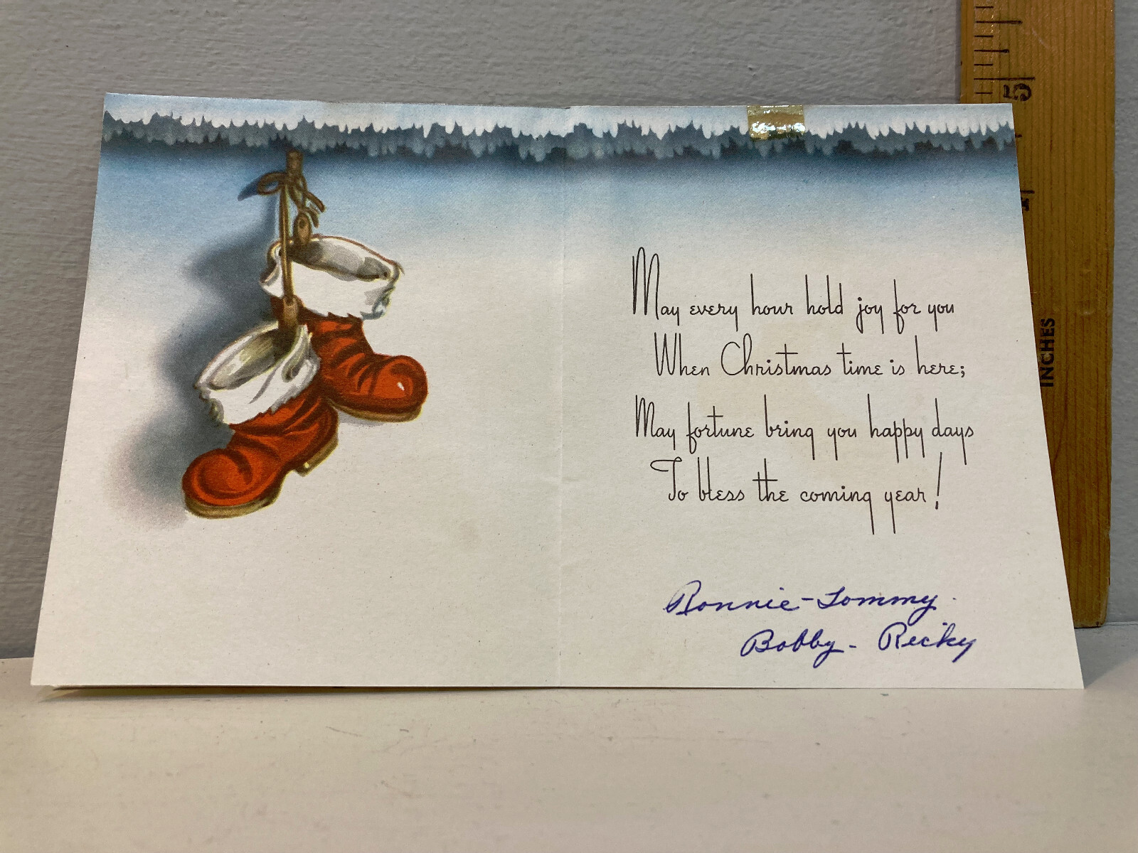Vtg Christmas Card Red Santa Boot Candy Cane Gift Ornaments "Greetings ...