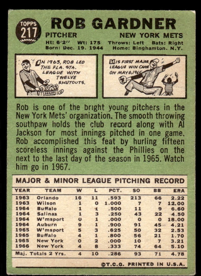 1967 Topps Rob Gardner #217 New York Mets Baseball Card | eBay