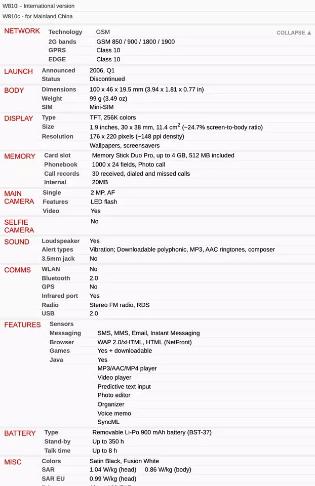 Cellphone Sony Ericsson W810 W810C W810i 2MP 2G GSM 850 900 1800 1900 ...
