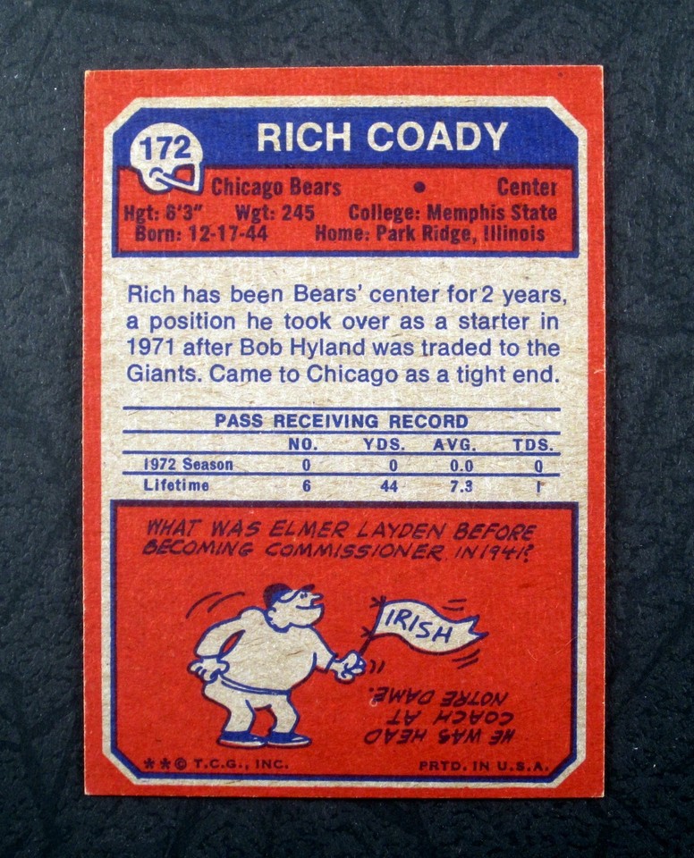 1973 TOPPS SET BREAK #172 RICH COADY Chicago Bears NM+ | eBay