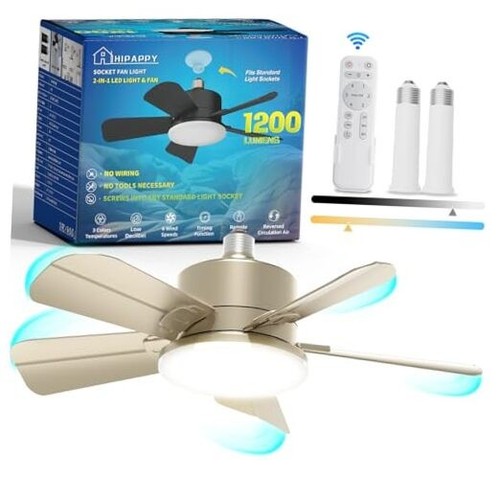 17'' Socket Fan Light with Remote, 2 Socket Extenders, 6-Speed Dimmable ...