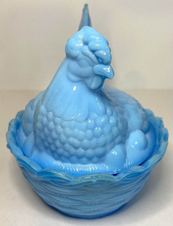 Light Blue Slag Glass Hen Chicken On Nest Candy Trinket Dish Unmarked 6 ...
