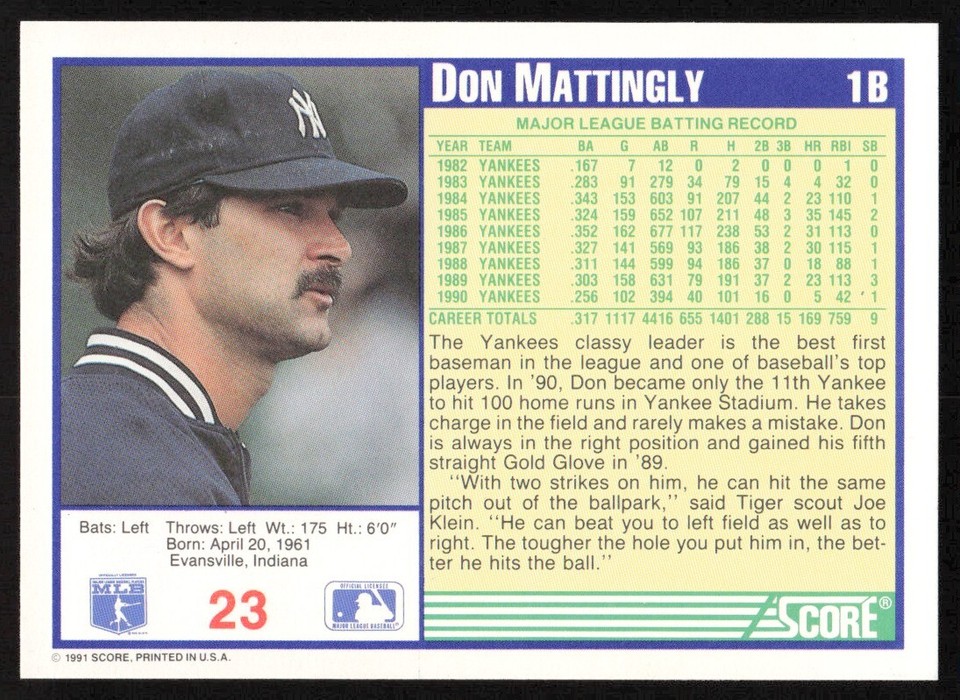 1991 Score Don Mattingly #23 New York Yankees | eBay