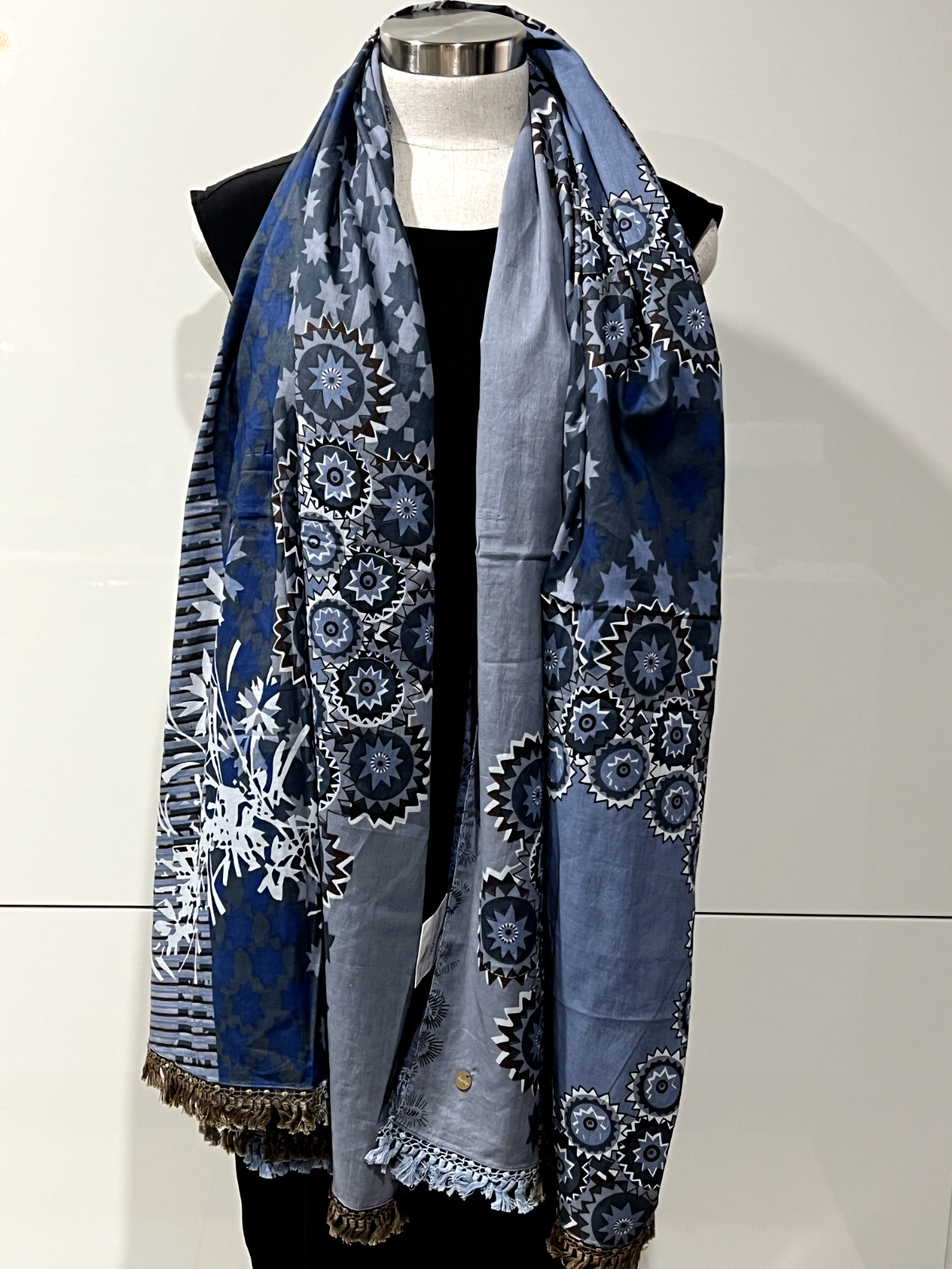dayaday 100% Cotton Blue Flower & Stripe Print SCARF… - Gem