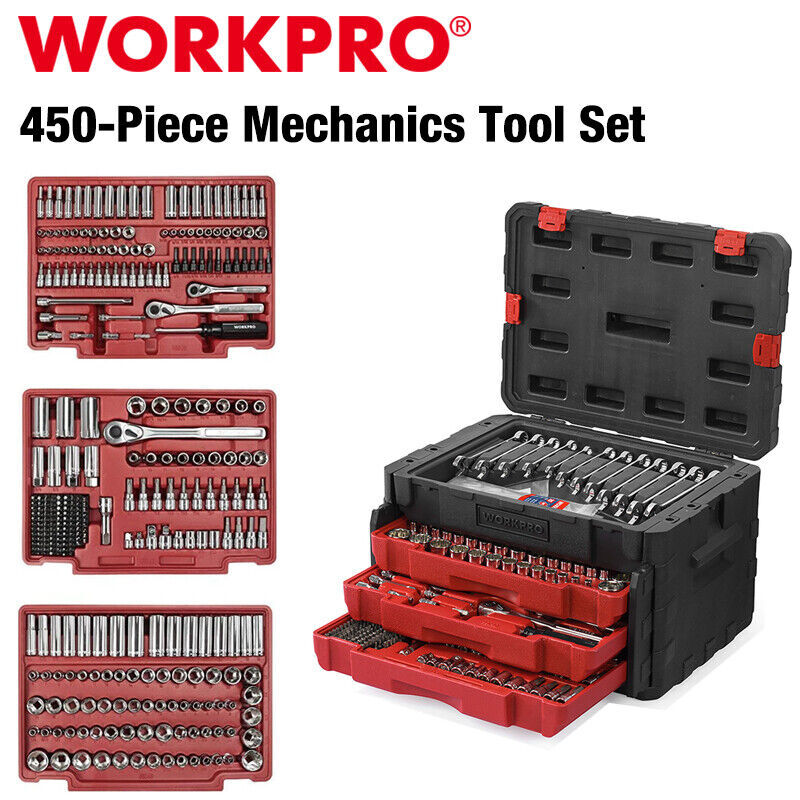 WORKPRO 408 Pieces/450 Pieces Heavy Duty Mechanics Tool Set Chrome ...