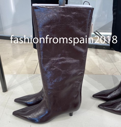 ZARA NEW WOMAN WIDE LEG KITTEN HEEL BOOTS PATEN EFFECT BURGUNDY RED ...