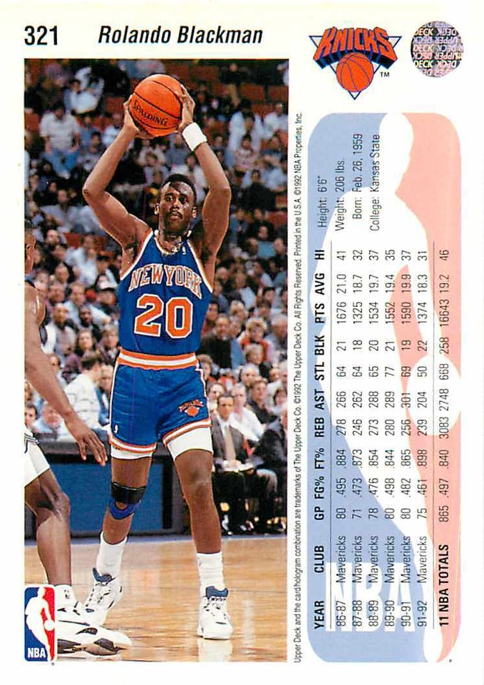 Rolando Blackman 1992-93 Upper Deck #321 Dallas Mavericks | eBay