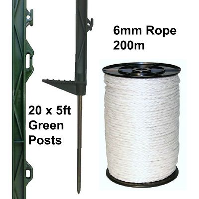 20 X GREEN 5FT POSTS & 6MM POLY ROPE Electric Fence Fencing Horse ...