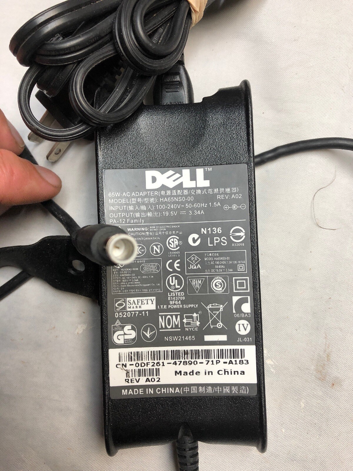 Genuine Dell 65W AC Power Adapter Model HA65NS0-00; Rev. A02. PA-12 ...