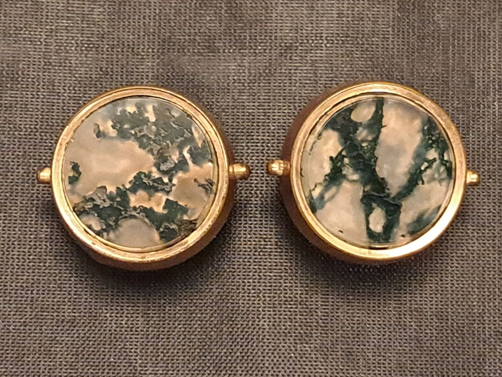 Antique Pat 1875 Moss Agate Push Button Cufflinks Gol… - Gem
