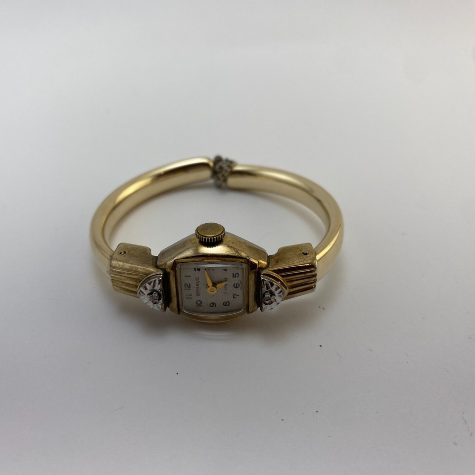 BENRUS - 10KT Gold-Filled/Plated Cuff and Bezel - 2x Diamond Chip Women ...