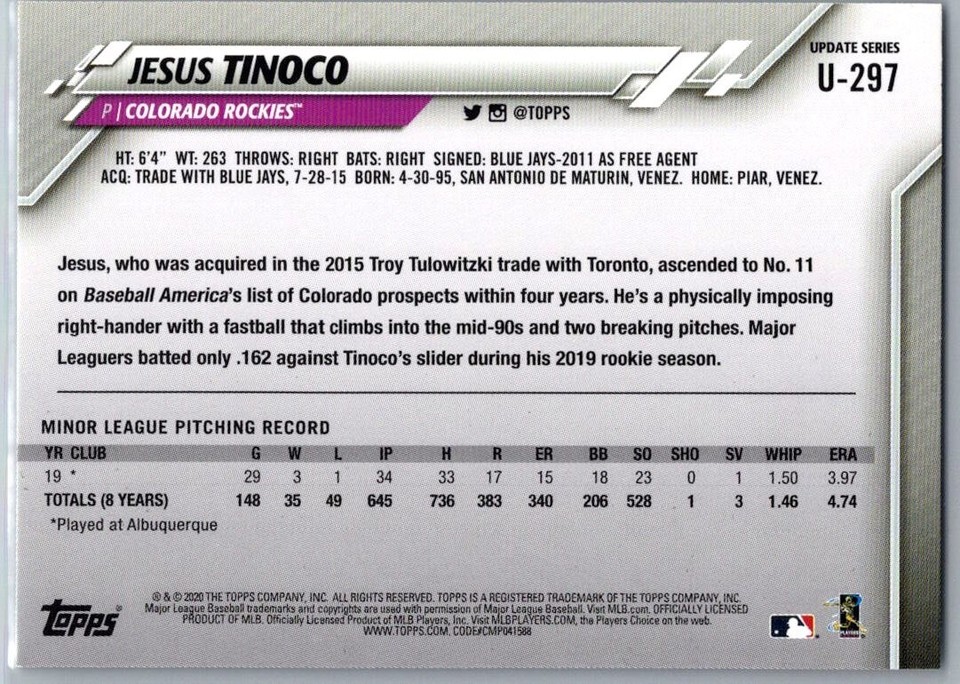 2020 Topps Update RC Rookie Jesus Tinoco #U-297 Colorado Rockies | eBay