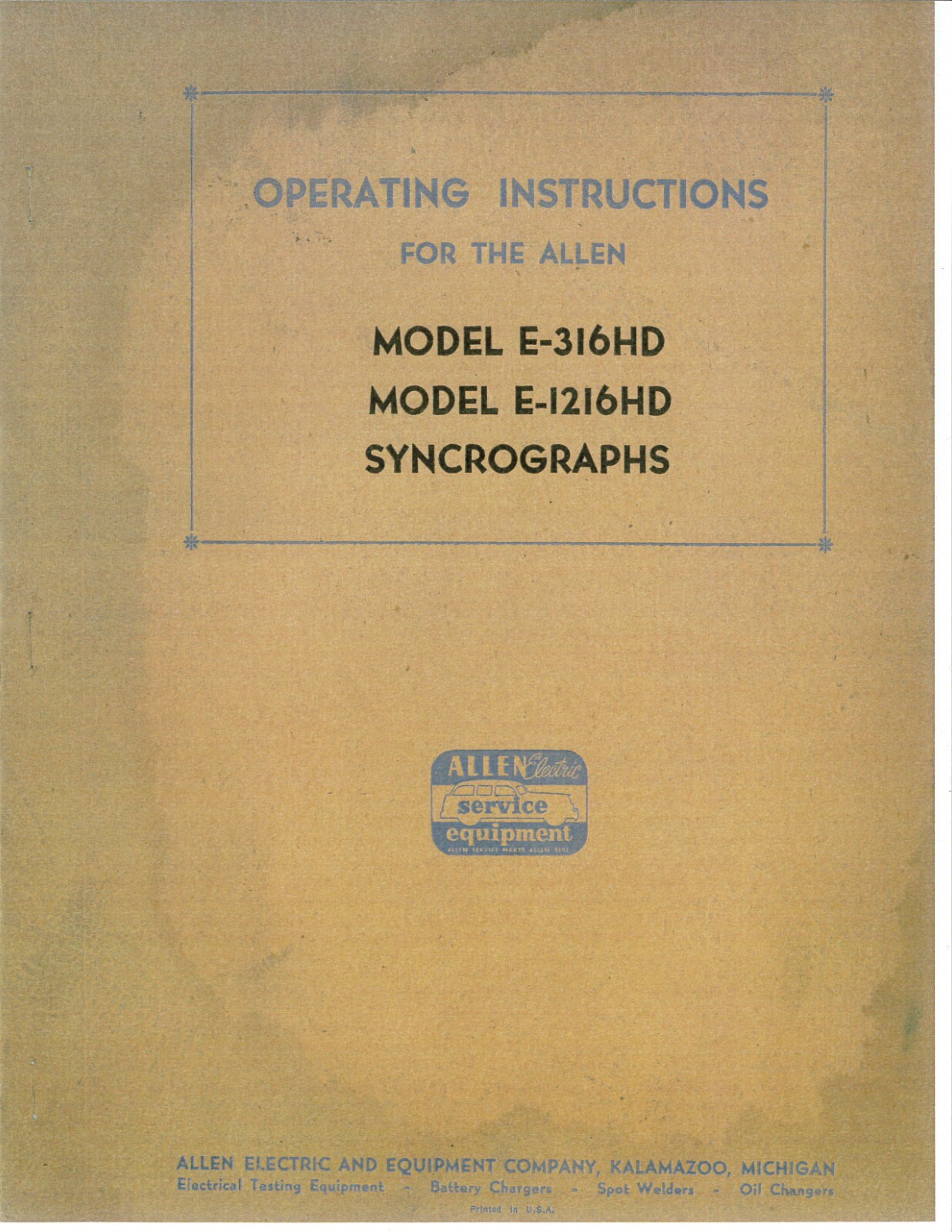 Allen Electric Co Distributor Tester Owner's Manual Model E-316-HD ...
