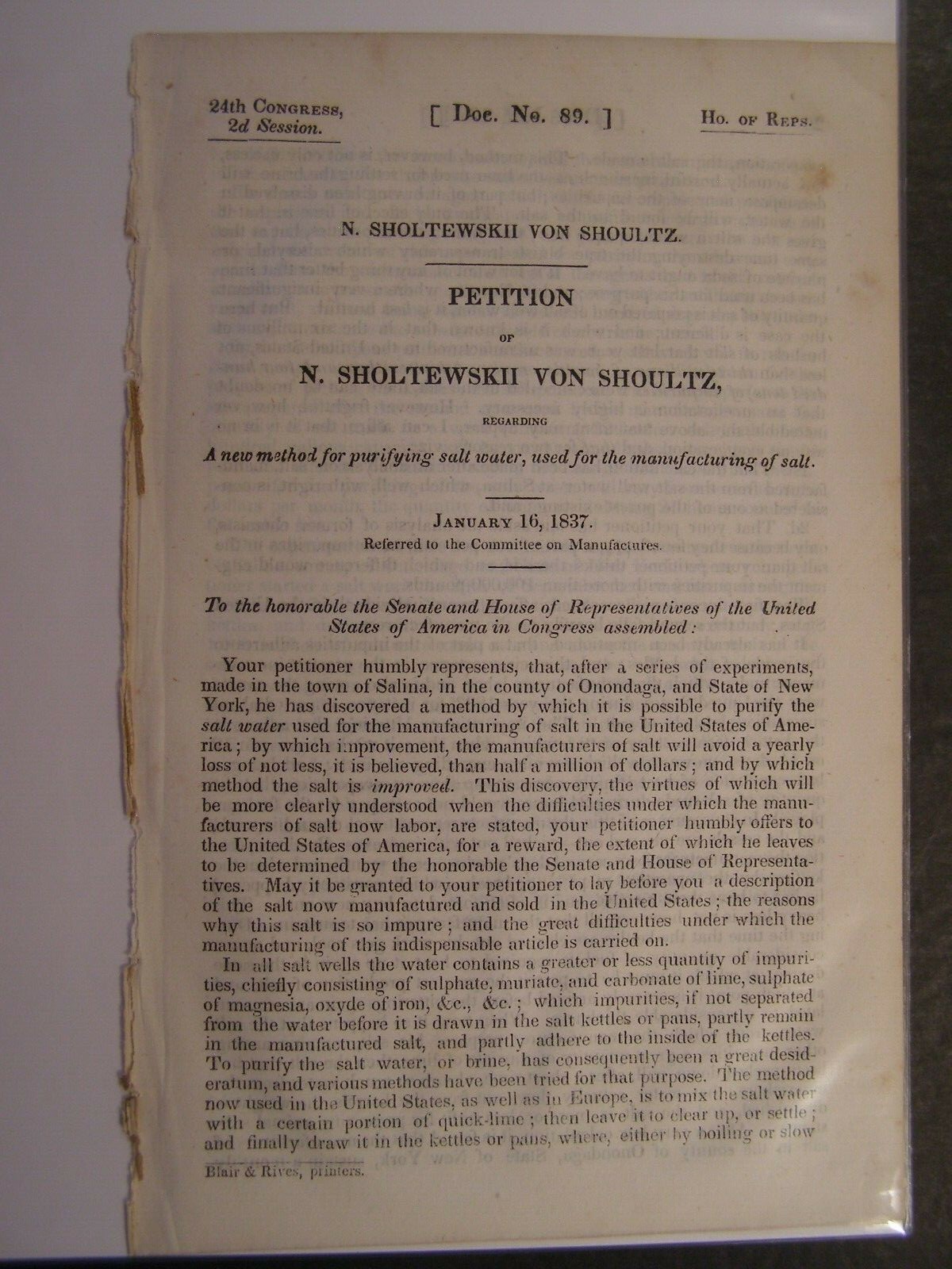 Gov Report 1837 N Sholtewski Von Shoultz New Method of Purifying Salt ...