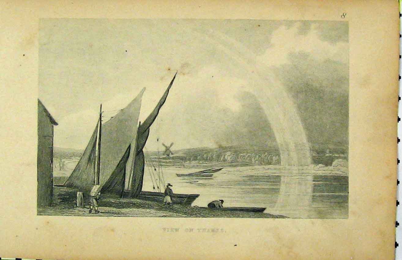 Original Old Antique Print View River Thames London C1850 Sailing Boat ...