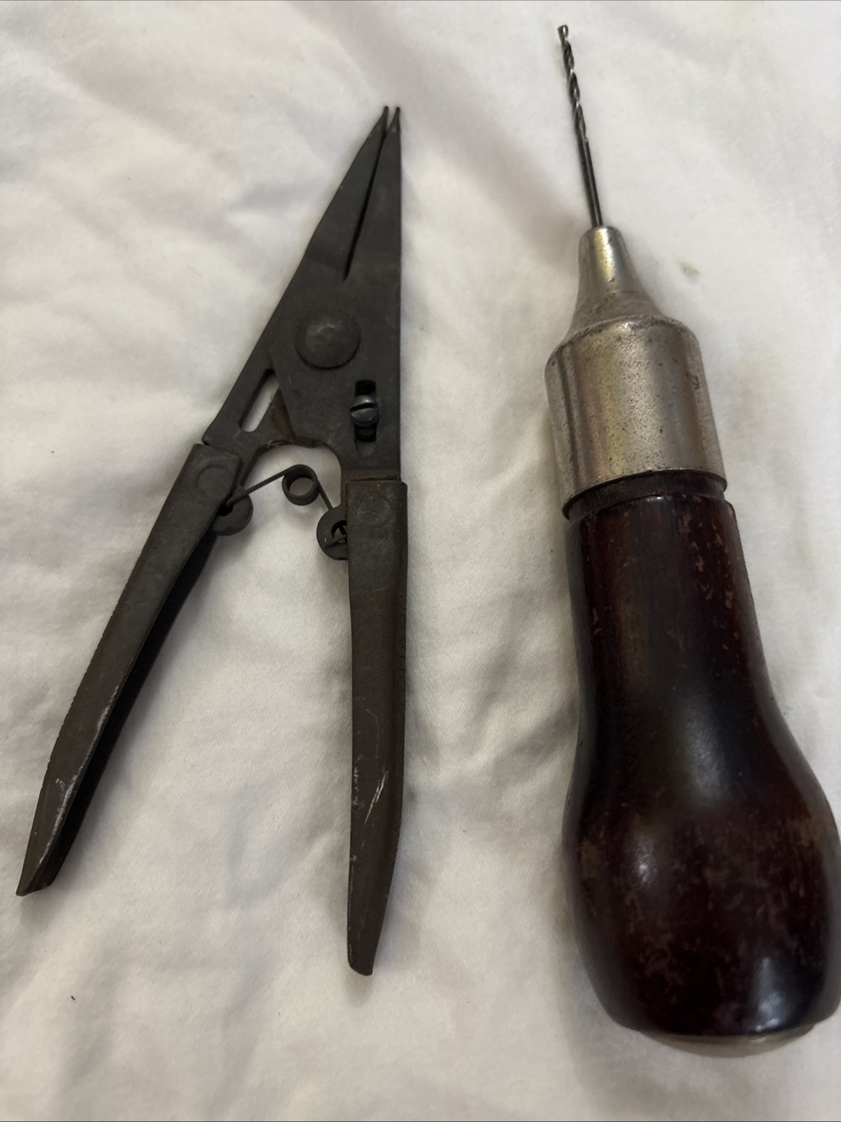 Vintage Hand Drill & Needle-Nose Pliers – Wood Handle – Spring Loaded ...