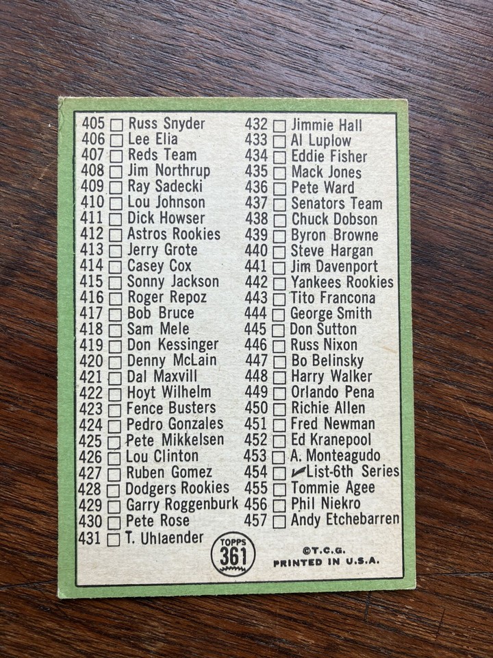1967 TOPPS CHECKLIST 371-457 - ROBERTO CLEMENTE PITTSBURGH PIRATES #361 ...