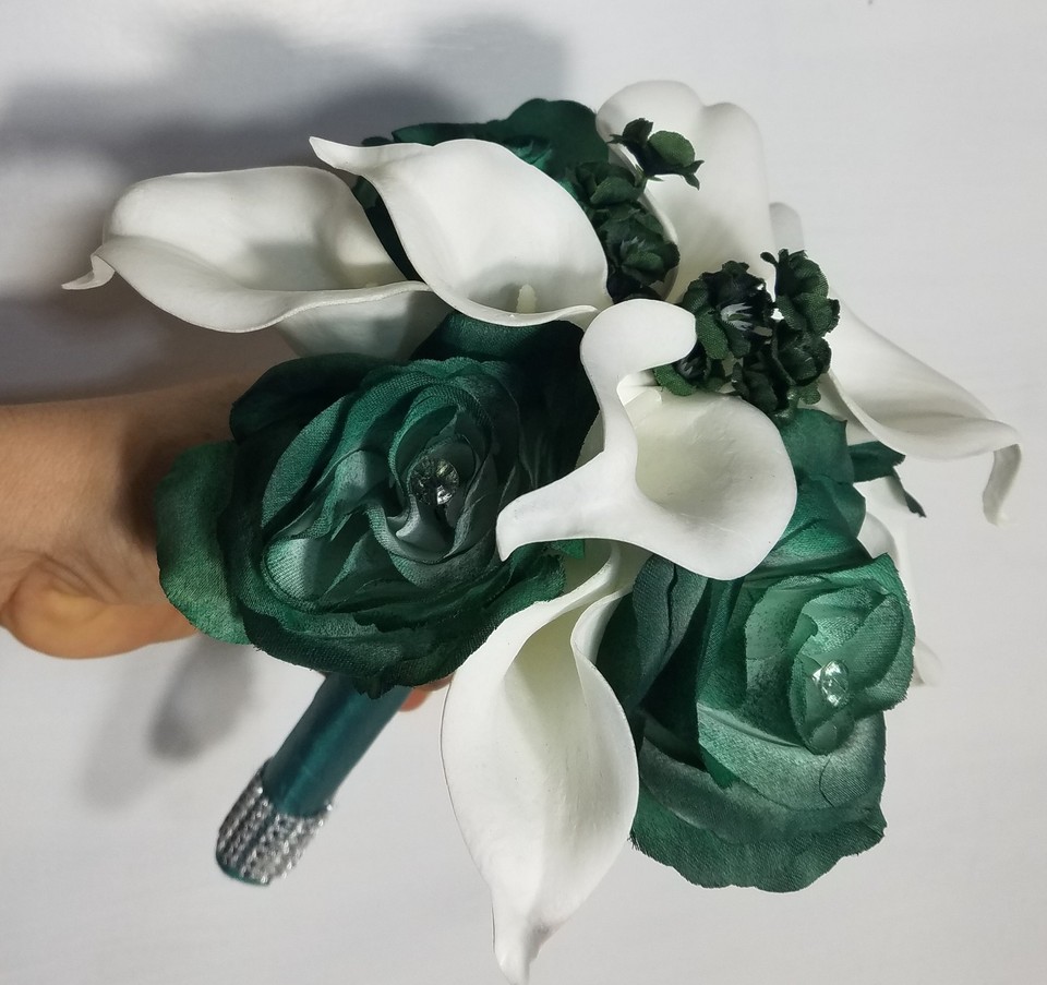 Hunter Green Rose Calla Lily Bridal Wedding Bouquet Accessories | eBay