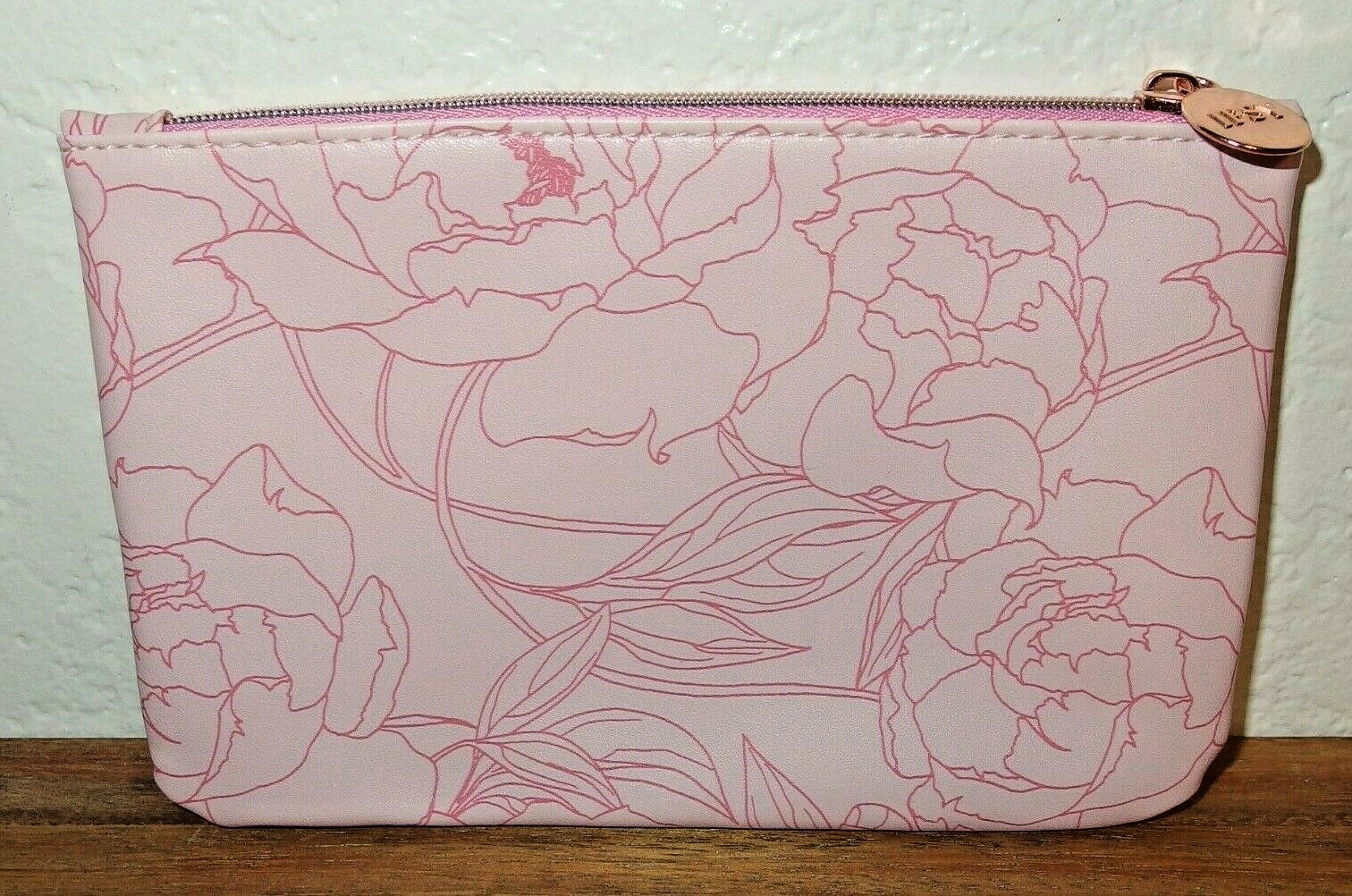 New IPSY Pink Floral Make Up Bag Pouch with Rose Gold Zip Pull 7" x 5 ...