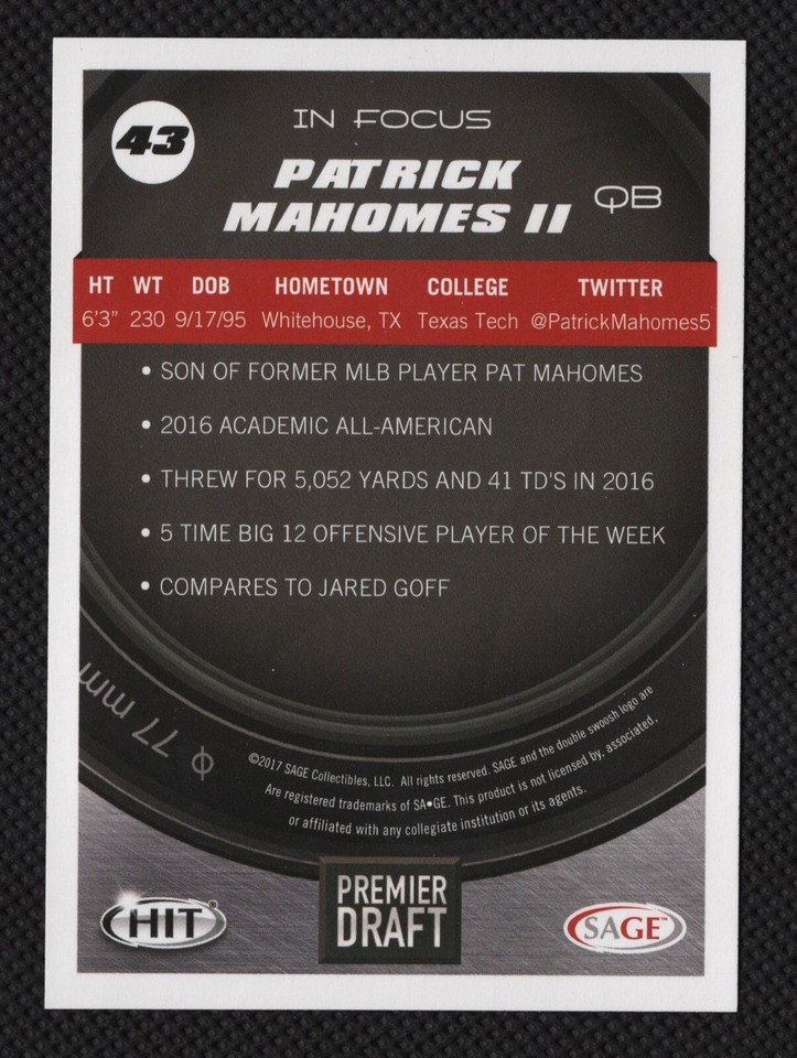 2017 SAGE Hit Patrick Mahomes Premier Draft GOLD Boarder RC Rookie ...