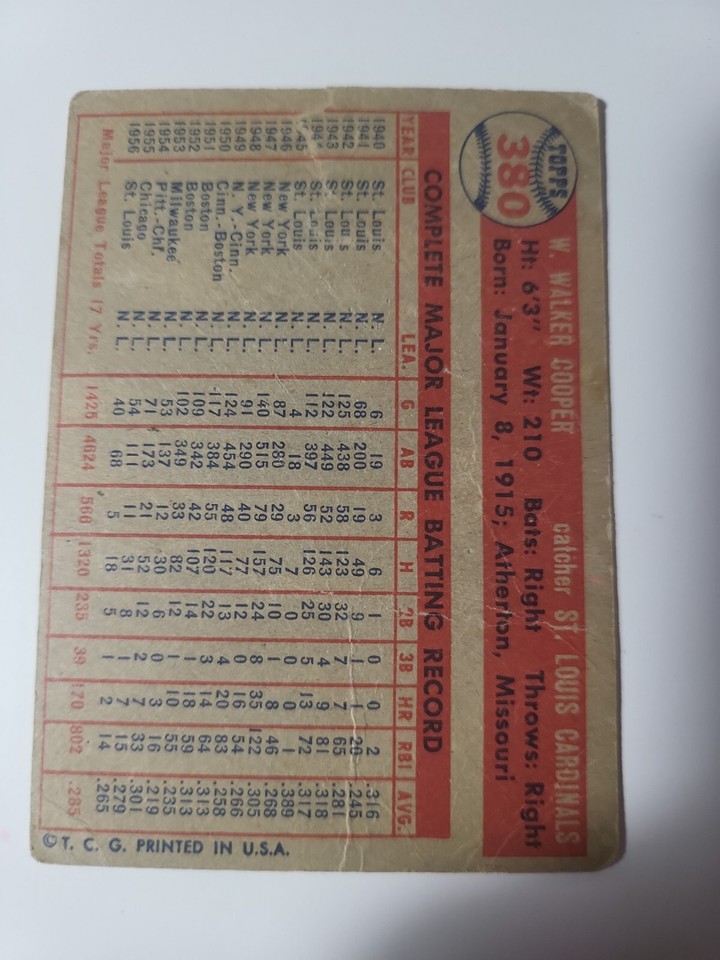 1957 Topps Walker Cooper P card #380 | eBay