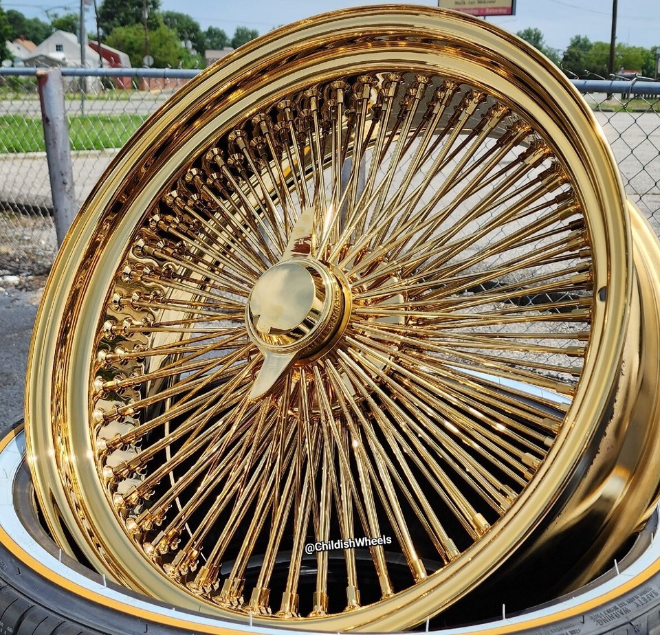 22" Inch All Gold 150 Spoke Wire Wheels Rims | 22x8 | 5x4.5 Bolt ...