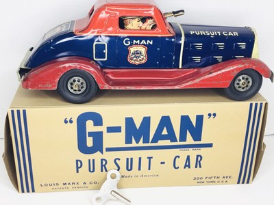 🔥 LOUIS MARX G-MAN PURSUIT TIN WINDUP TOY CAR w/ Reproduction Box 🔥 | eBay