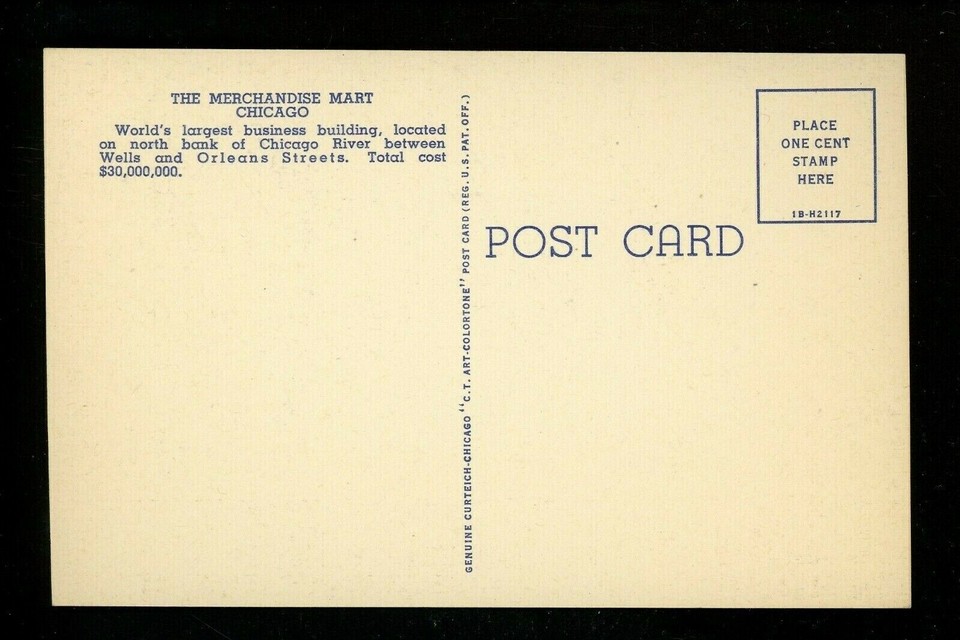 Illinois IL postcard Chicago Merchandise Mart bridge boat river linen ...