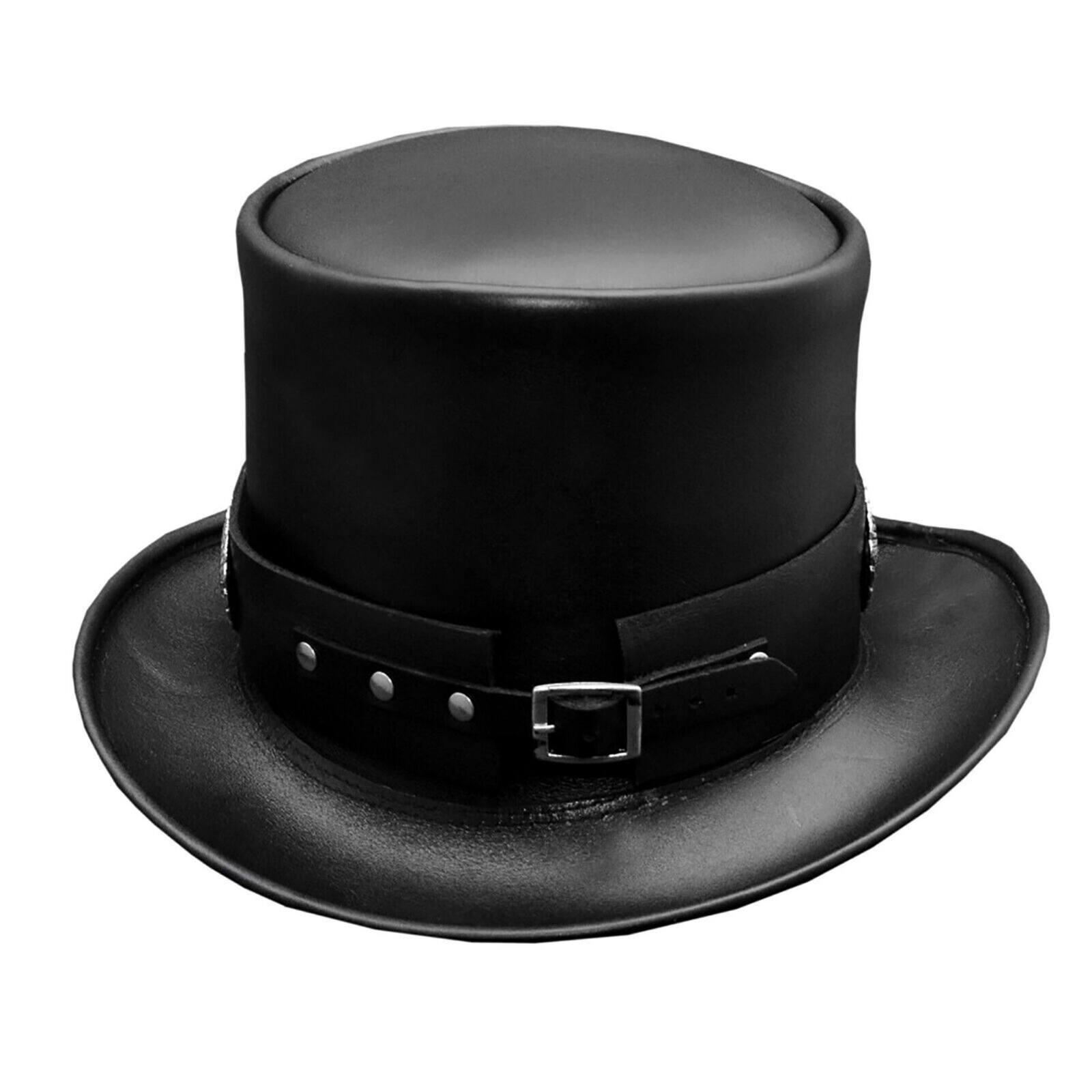 Leather Top Hat - Rocker Style Conchos Band - Black Color - Handmade ...