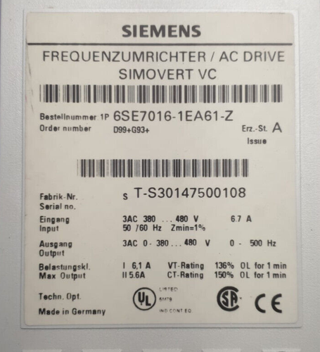 Siemens Simovert 6SE7016-1EA61-Z D99+G93 | eBay