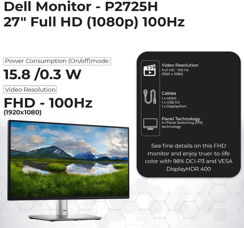 Dell P2725H 27" Full HD 1920 x 1080 Monitor, Monitor Screen Bundle with ...