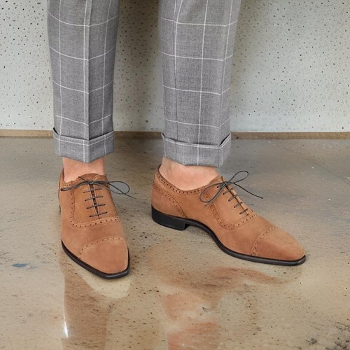 Handmade Mens Beige Color Suede Brogue Dress Shoes, Men Oxford Formal ...