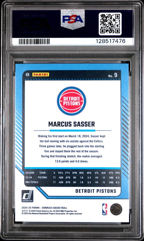 2024 DONRUSS INTERNATIONAL BLUE FIREWORKS #9 MARCUS SASSER 57/85 PSA 9 ...