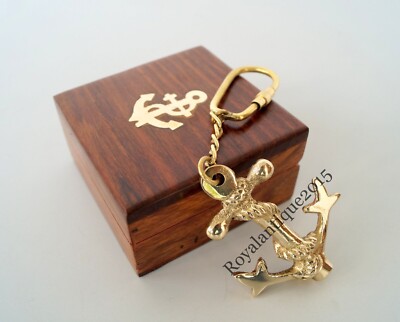 Vintage Brass Anchor Key Chain Golden Finish Nautical Gift With Wooden ...