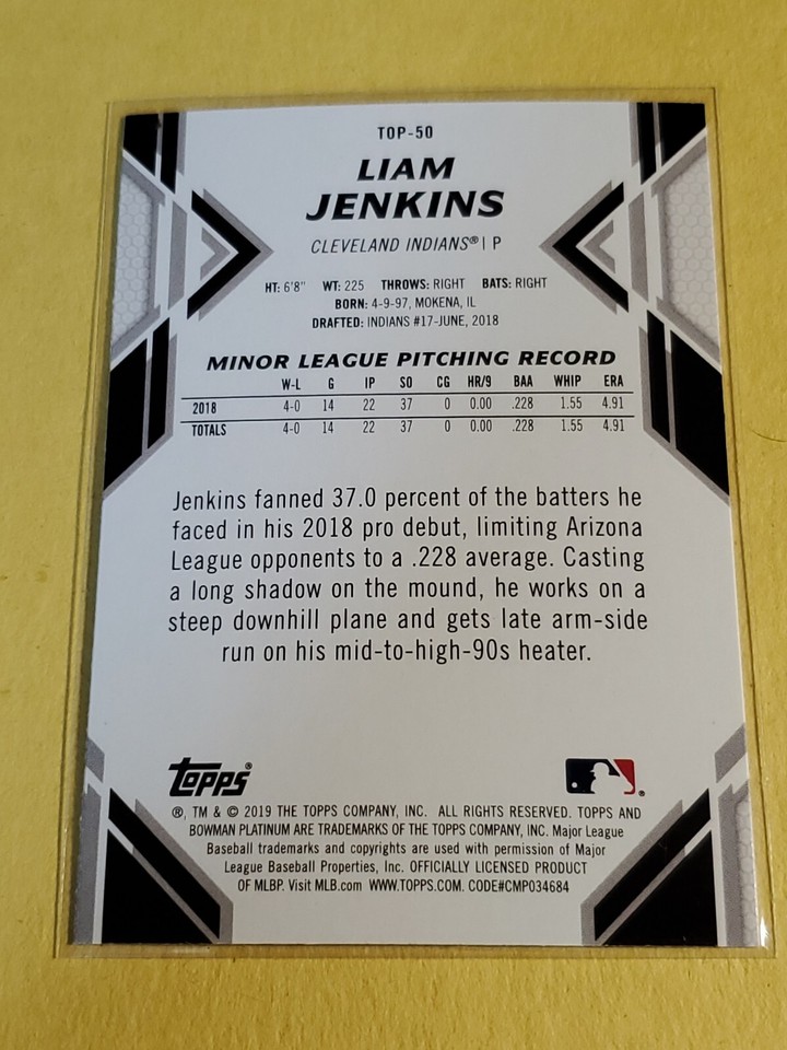 Liam Jenkins 2019 Bowman Platinum Cleveland Indians #TOP-50 | eBay